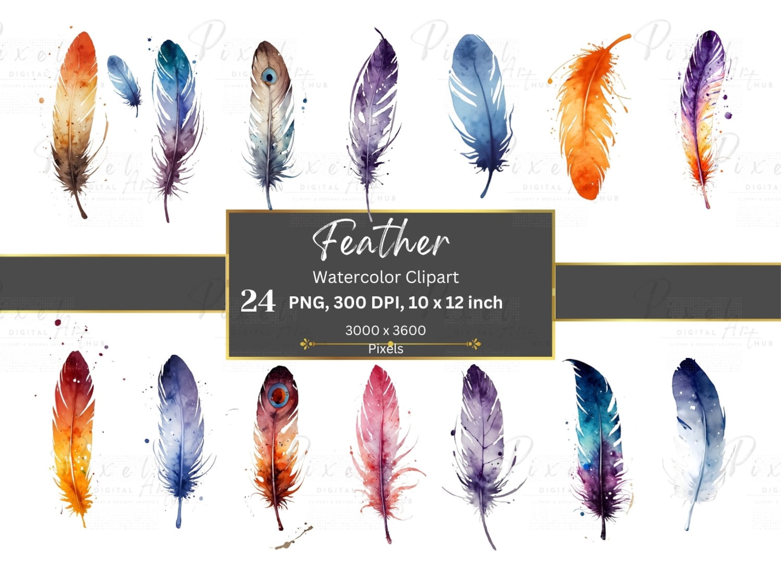 Watercolor Clipart, Feather Clipart, Printable Scrapbook, 24 PNG File ...