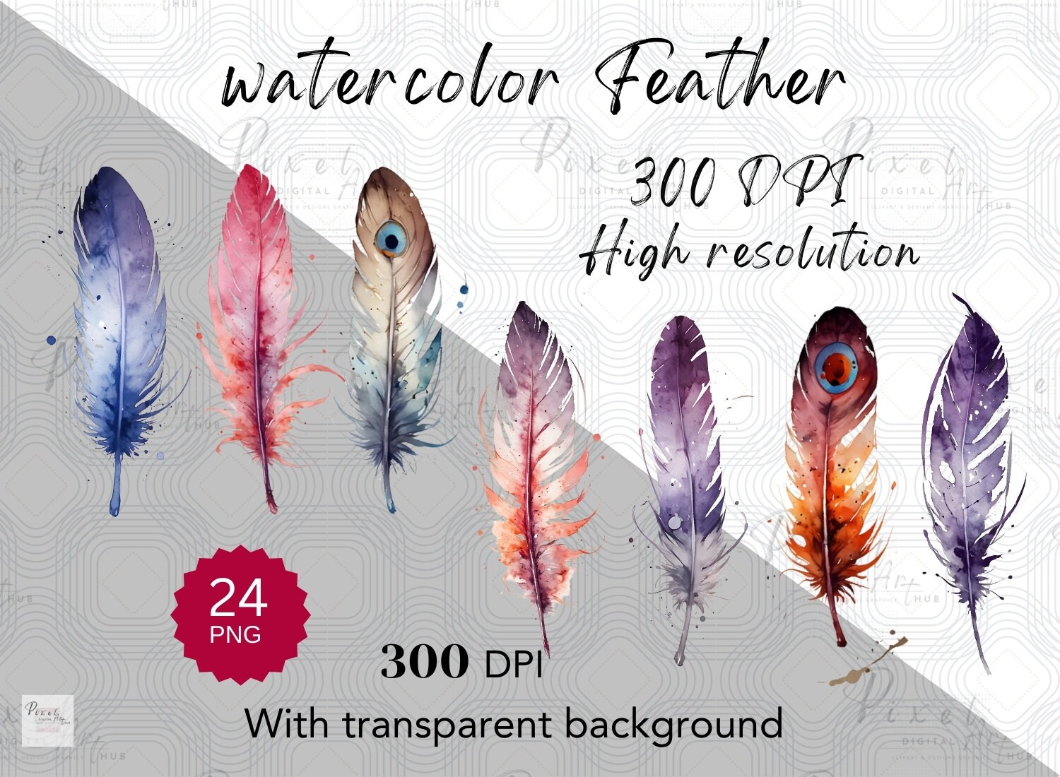 Watercolor Clipart, Feather Clipart, Printable Scrapbook, 24 PNG File ...