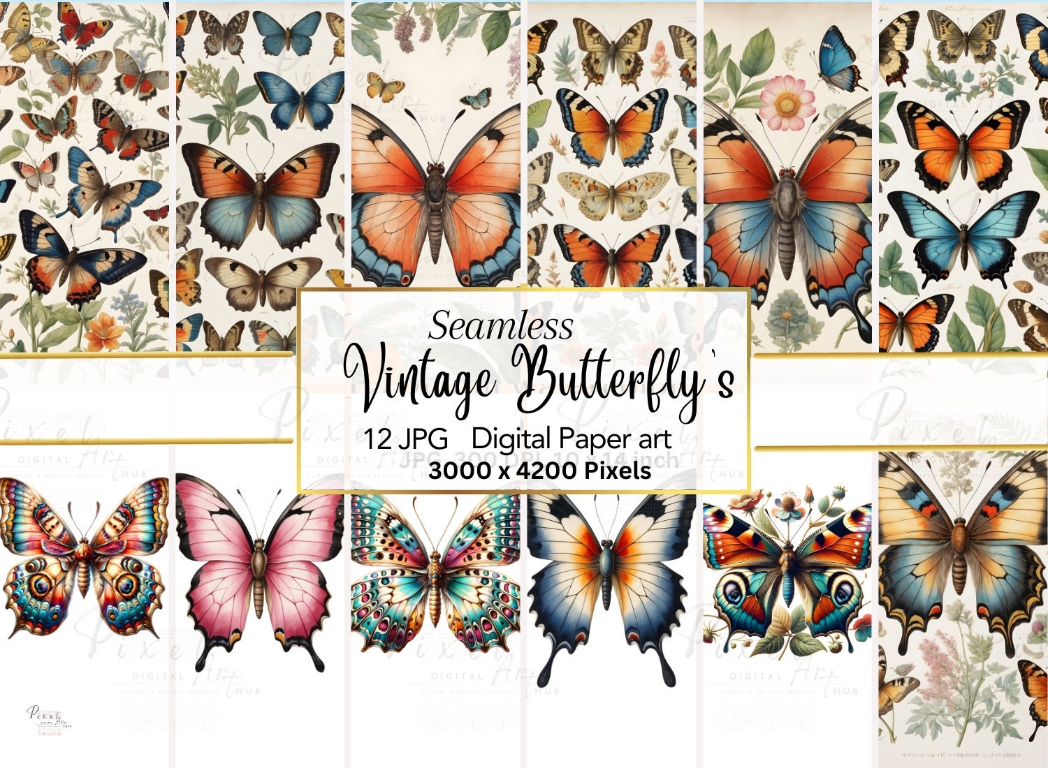 Vintage Butterfly Digital Paper Collection, Vintage Printable Scrapbook ...