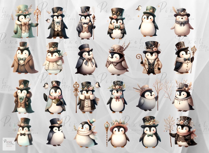Watercolor Penguin Clipart: Victorian Fashion Pngs (digital Download ...