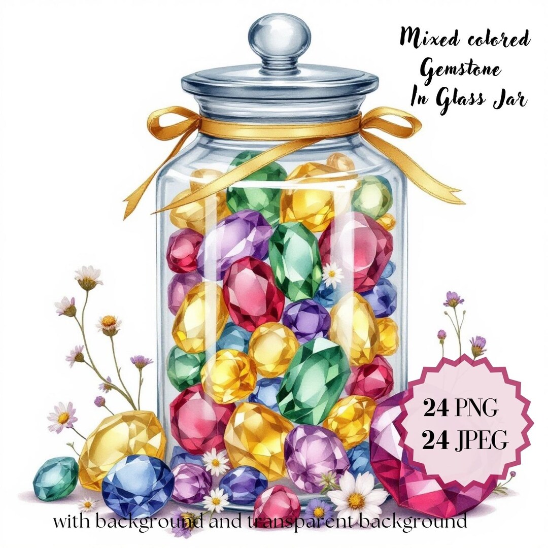 Gemstone Glass Jar Clipart: Sparkling Gems, PNG JPEG Files (digital ...