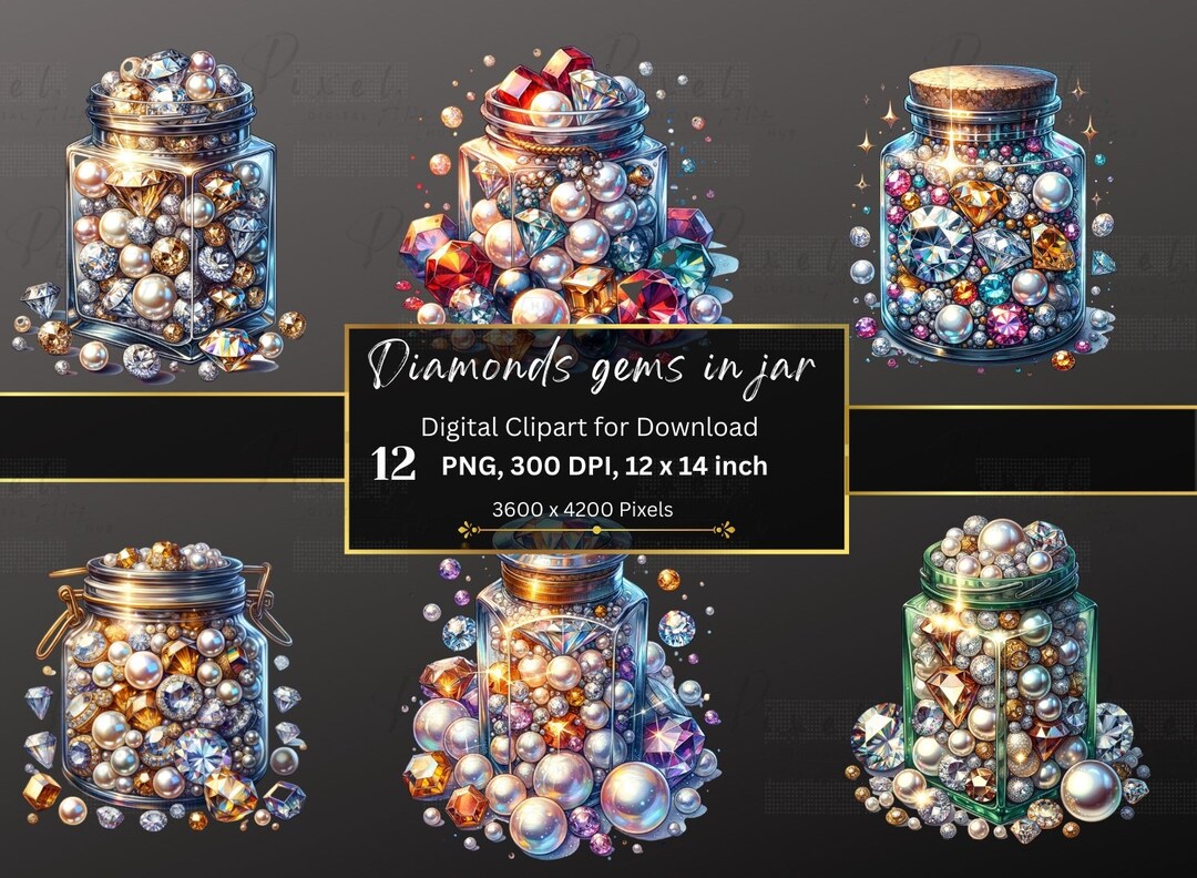 Gems in Jar Clip Art: Diamonds, Pearls, Gold (12 PNG File Set) (digital ...