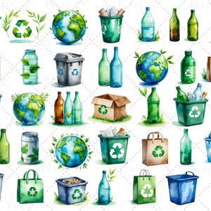 Watercolor Recycling Clipart: Earth Day Illustrations (66 PNG Files ...
