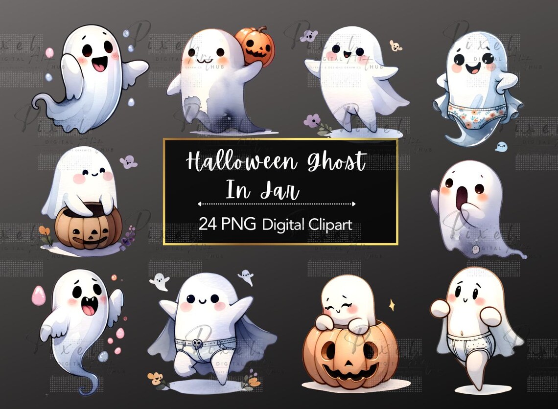 Halloween Funny Ghost Clipart Watercolor, Pngs, Cute Ghost, Fantasy ...