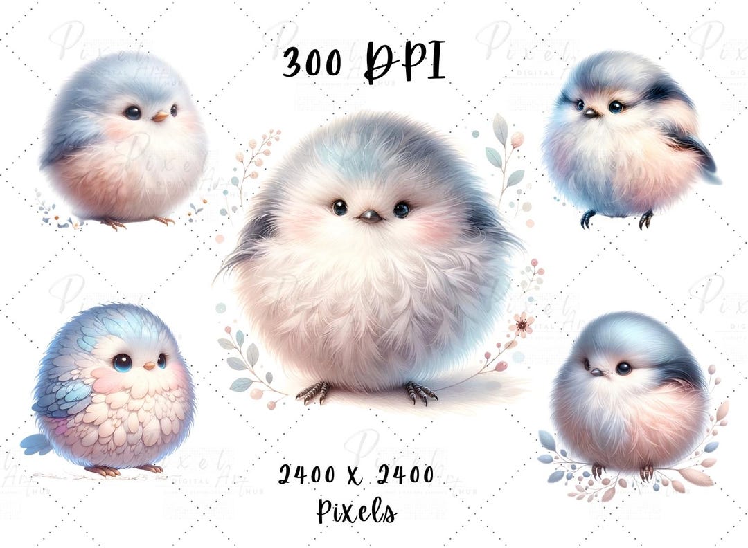 Watercolor Blue Birds Clipart: Fluffy Cartoon PNG, JPEG (digital ...