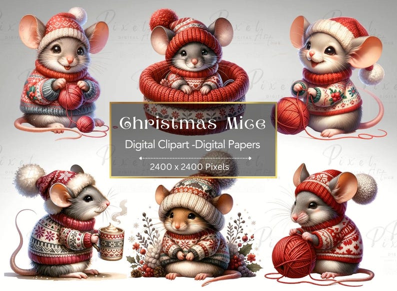 Watercolor Cute Mice Christmas, Clipart, Adorable Christmas Mice, File ...