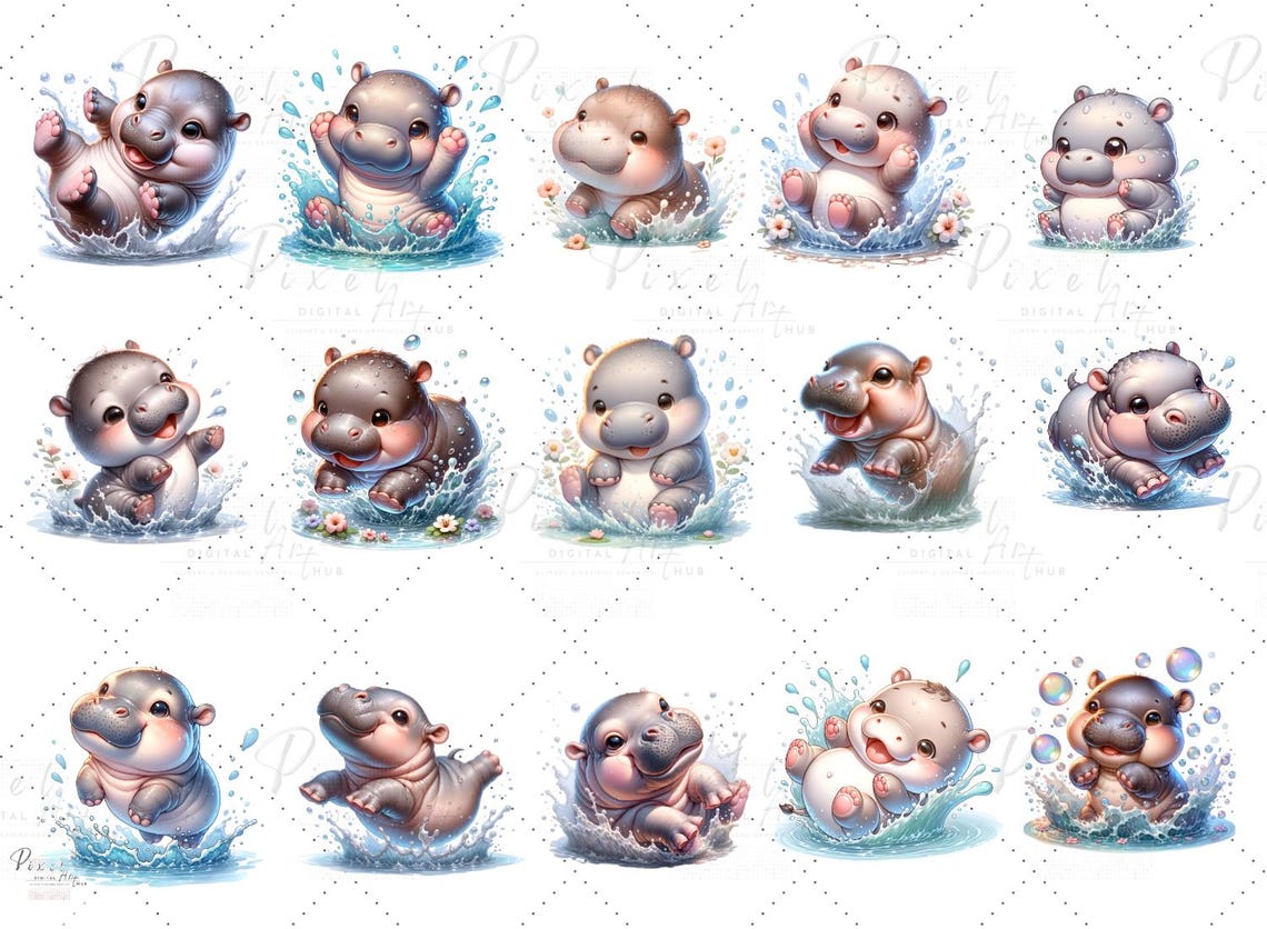 Watercolor Baby Hippo Clipart, Cartoon Pngs (digital Download) - Etsy