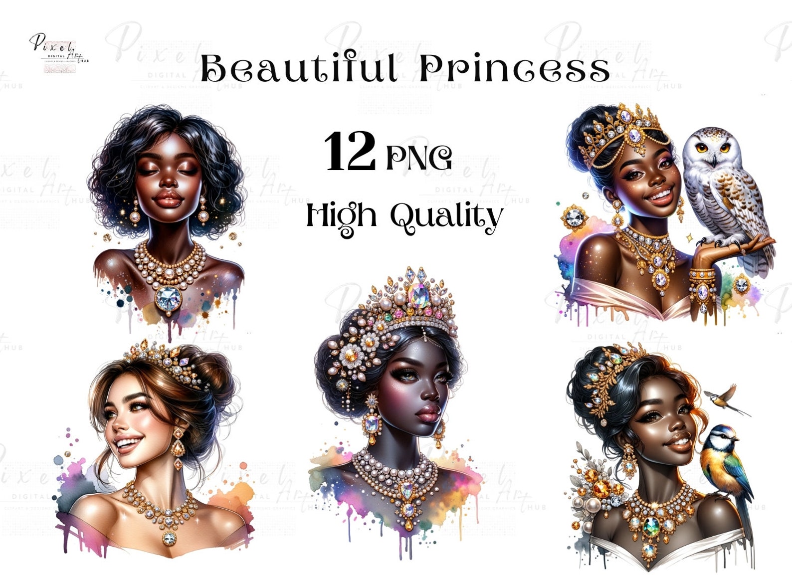 Watercolor Black Princess Clipart- Princess With Exquisite Jewelry ...