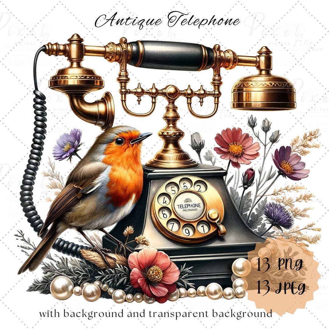 Watercolor Antique Telephone Clipart & Papers, Vintage Telephone, Birds ...