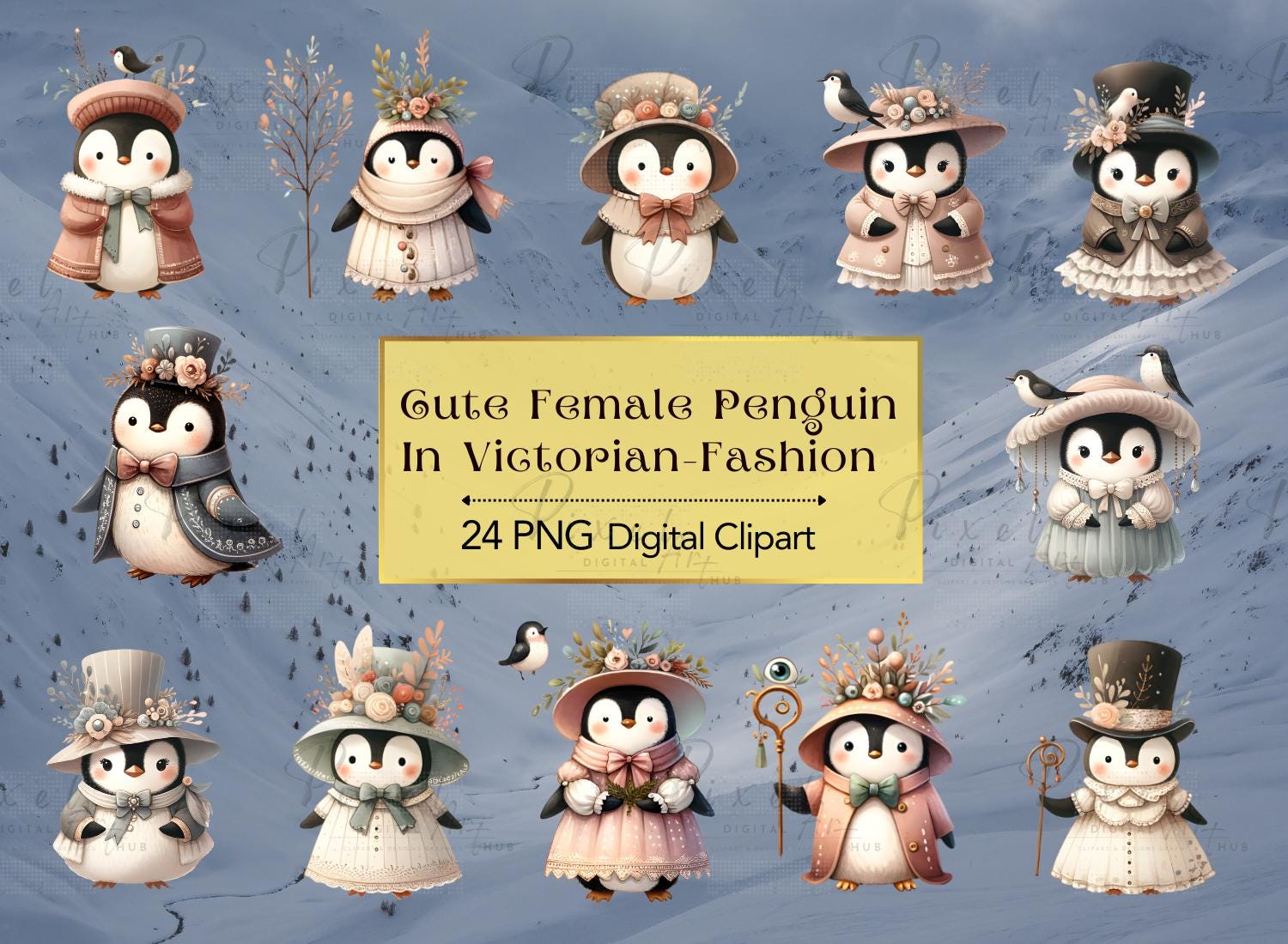 Watercolor Penguin Clipart: Victorian Fashion Pngs (digital Download ...