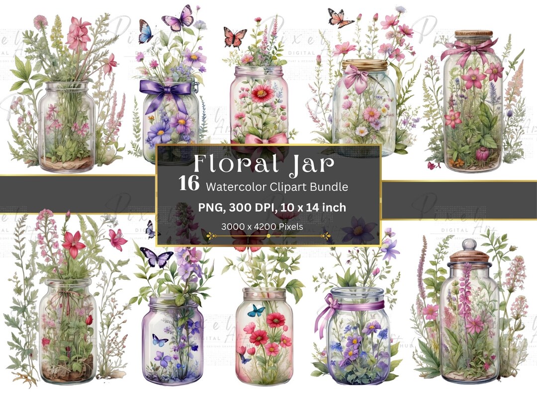 Botanical Floral Jar Roses in a Jar, Clip Art Bundle, File PNG, Digital ...