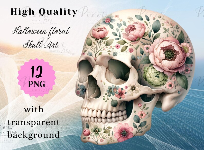 Watercolor Floral Skull Clipart: Halloween Fantasy PNG (digital ...