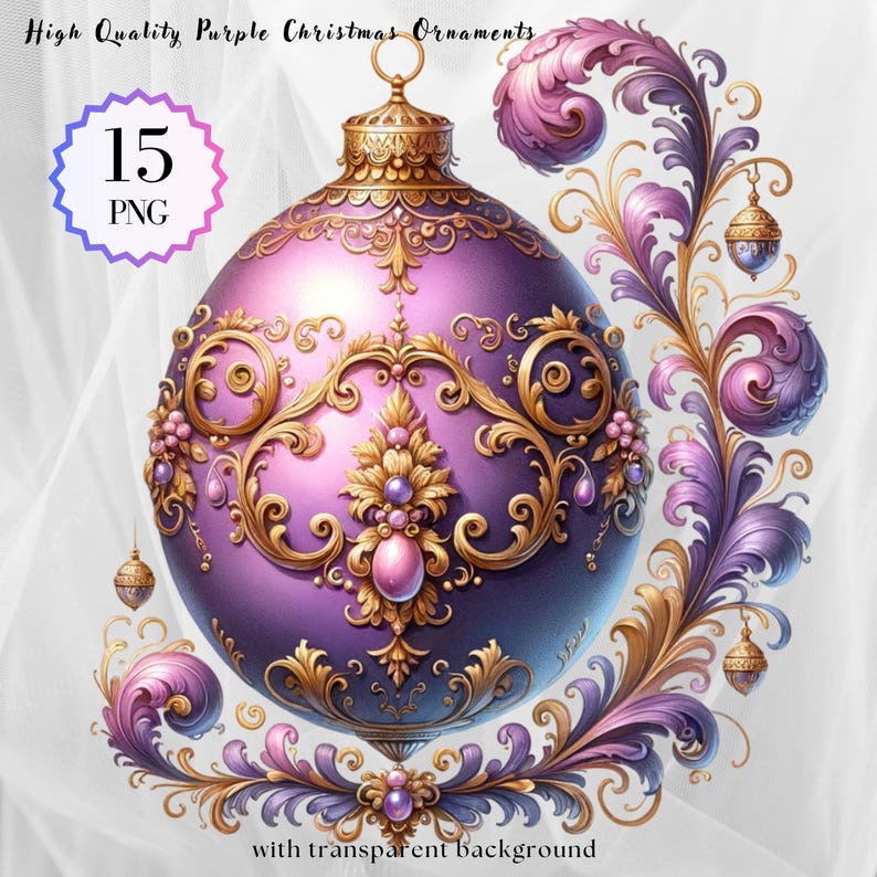15 Purple Christmas Ornament - Watercolor, Pngs, Rococo Christmas ...
