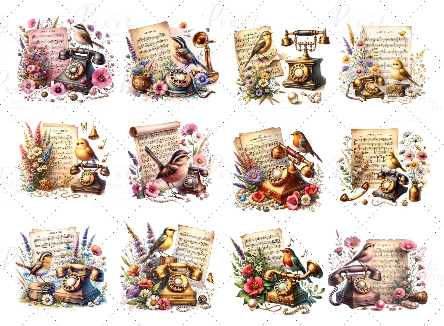 Watercolor Singing Birds Clipart: Vintage Sheet Music & Phone (digital ...