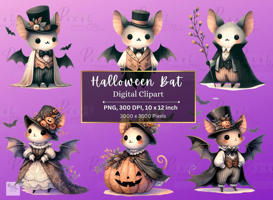 Watercolor Halloween Bats Clipart: 24 PNG Fantasy Bat Illustrations ...