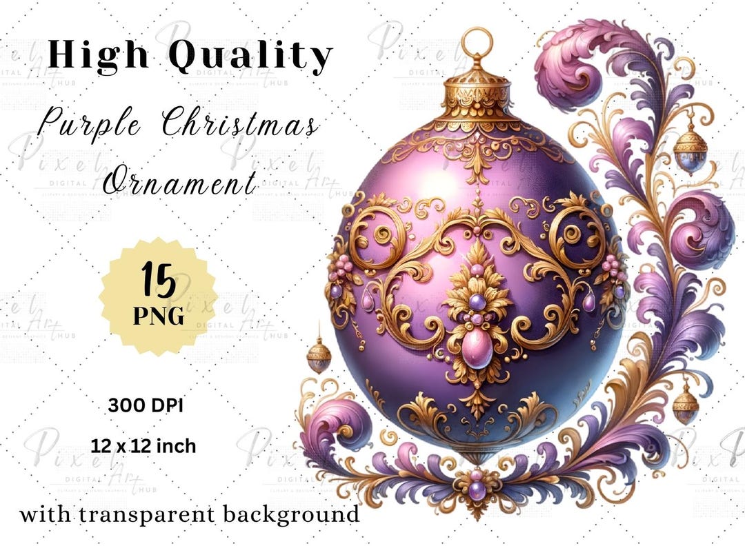 15 Purple Christmas Ornament - Watercolor, Pngs, Rococo Christmas ...