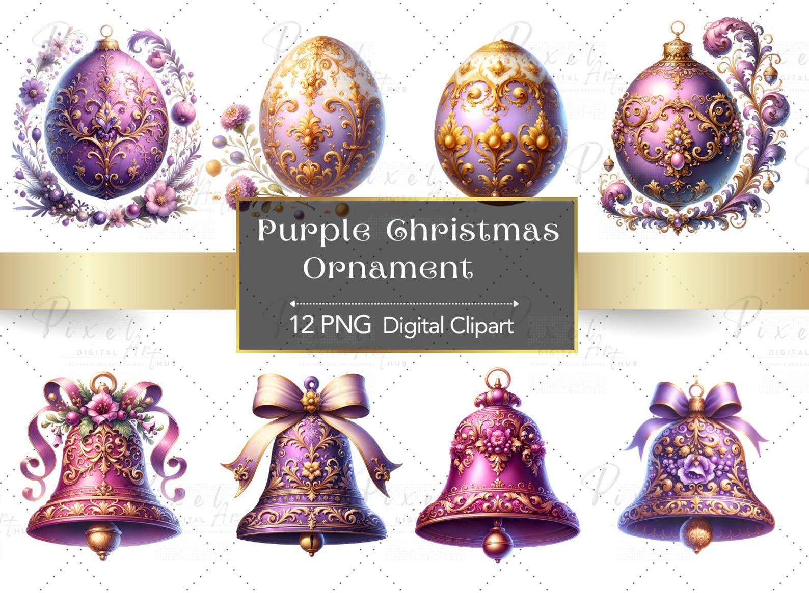 15 Purple Christmas Ornament - Watercolor, Pngs, Rococo Christmas ...