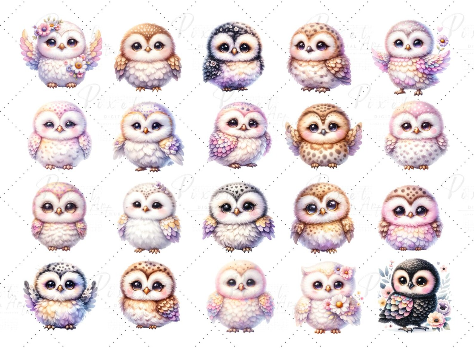 Cute Baby Owls Clipart - Watercolor, Pngs, Cute Owls, Fantasy Clipart ...