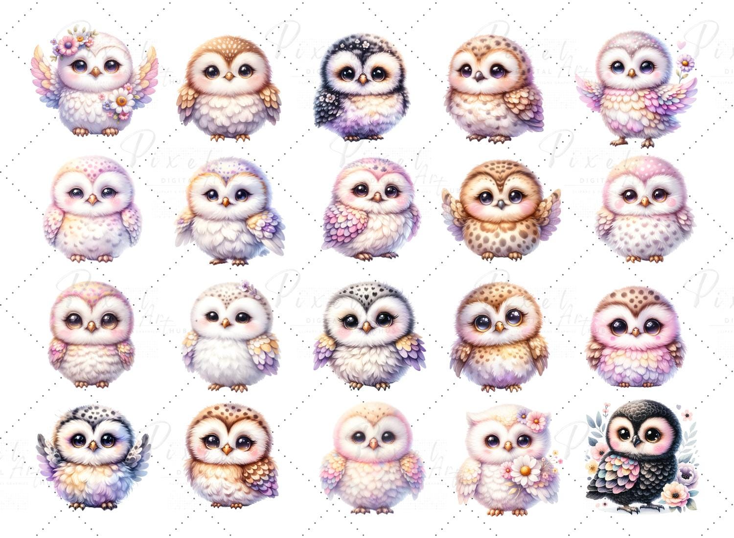 Cute Baby Owls Clipart - Watercolor, Pngs, Cute Owls, Fantasy Clipart ...