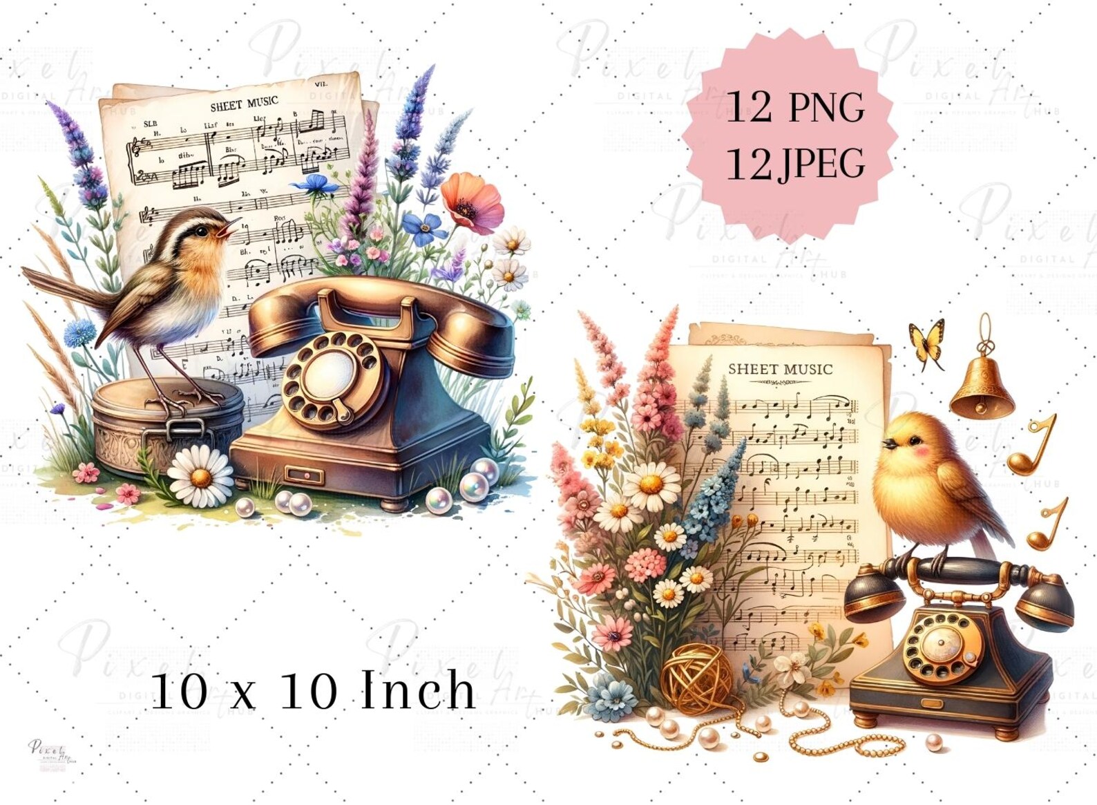 Watercolor Singing Birds Clipart: Vintage Sheet Music & Phone (digital ...
