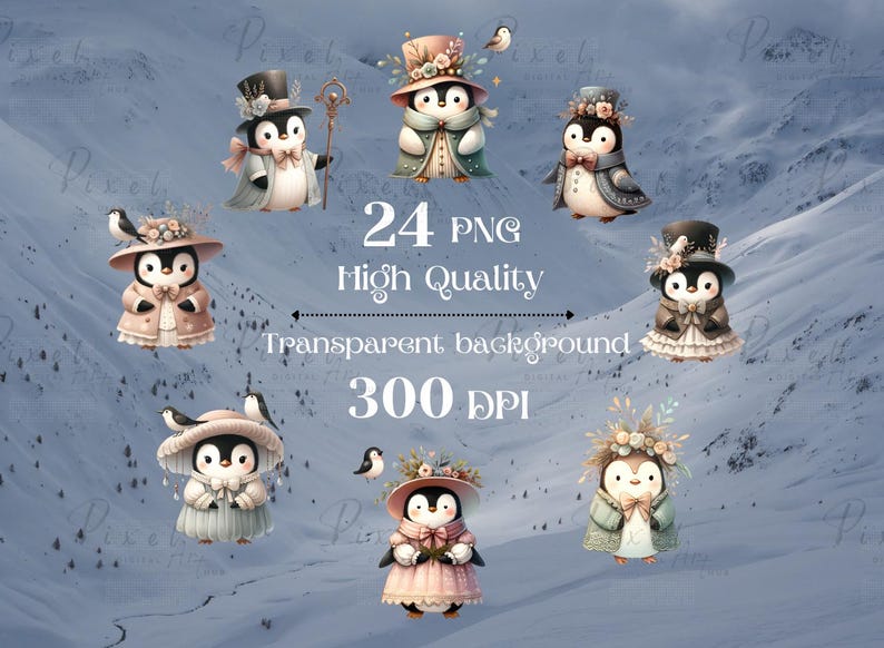 Watercolor Penguin Clipart: Victorian Fashion Pngs (digital Download ...