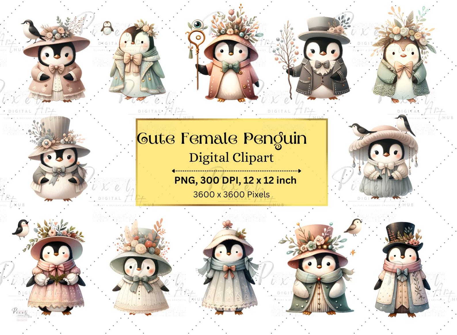 Watercolor Penguin Clipart: Victorian Fashion Pngs (digital Download ...