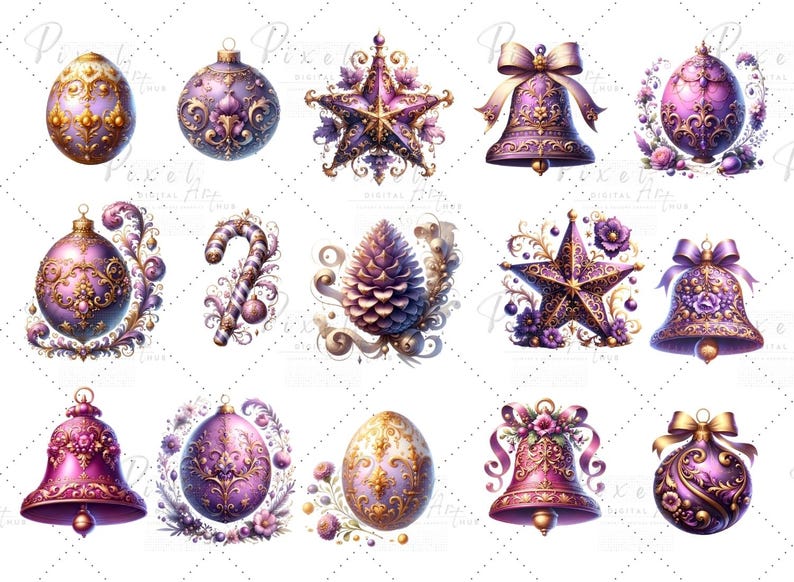 15 Purple Christmas Ornament - Watercolor, Pngs, Rococo Christmas ...