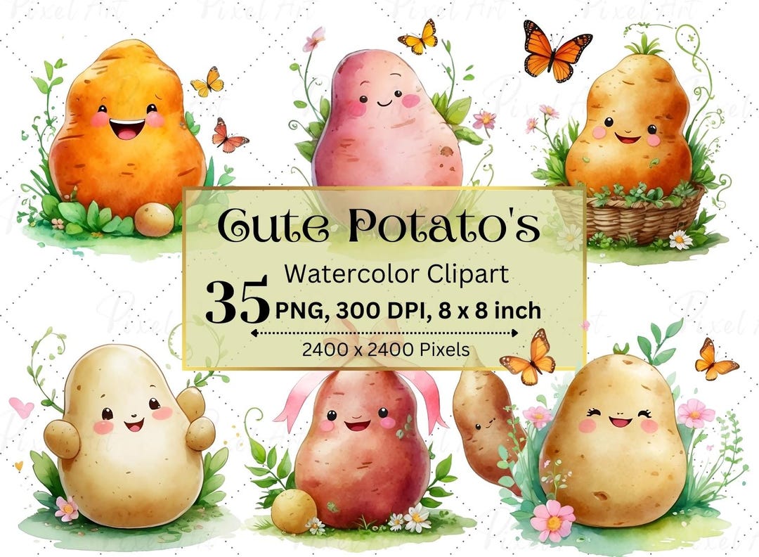 Watercolor Cute Cute Potatoes, Clip Art, Cute Potatoes Cartoon, 35 PNG ...