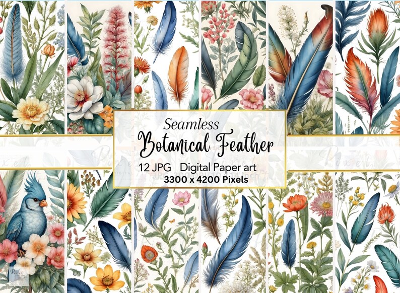 Botanical Feather Digital Paper Collection, Printable Scrapbook Paper ...