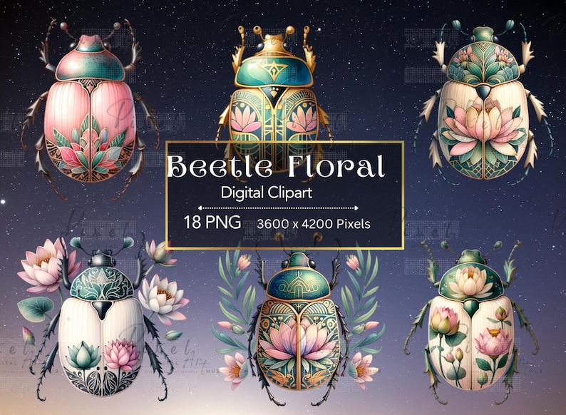 Watercolor Floral Beetle Clipart: Fantasy PNG Collection (digital ...