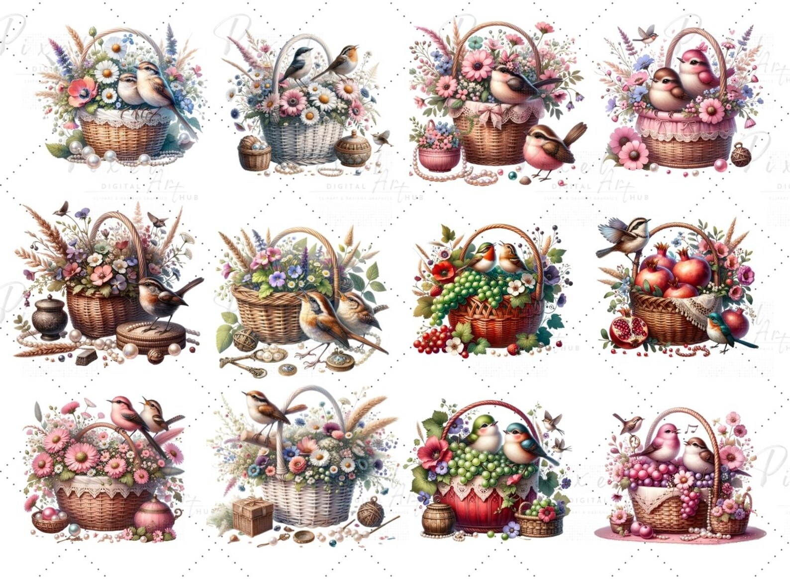 Watercolor Birds in Floral Baskets Clipart: Classic PNG JPEG Digital ...