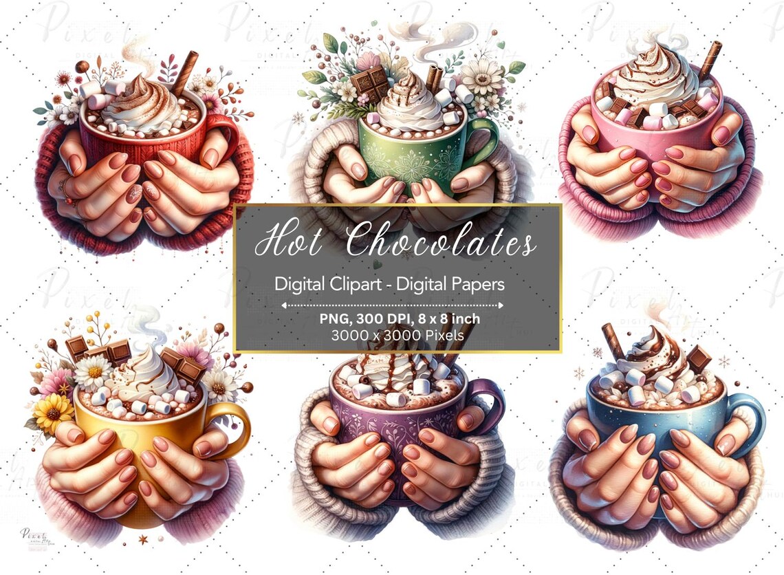Watercolor Hot Chocolate Clipart Set: 14 PNG & JPG Files (digital ...