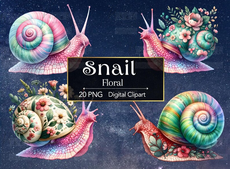 Floral Snail Clipart - Watercolor, Pngs, Cute Snail, Fantasy Clipart ...