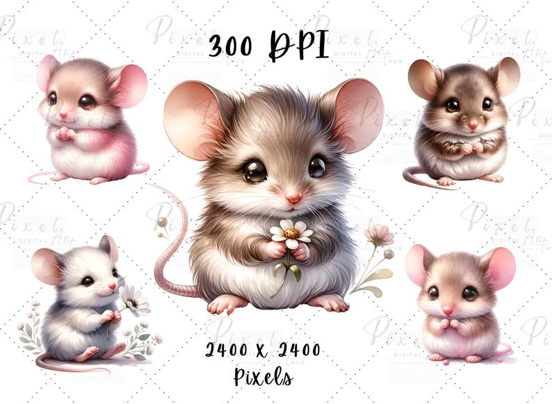 Watercolor Mouse Clipart, Adorable Baby Mice Illustrations (digital ...