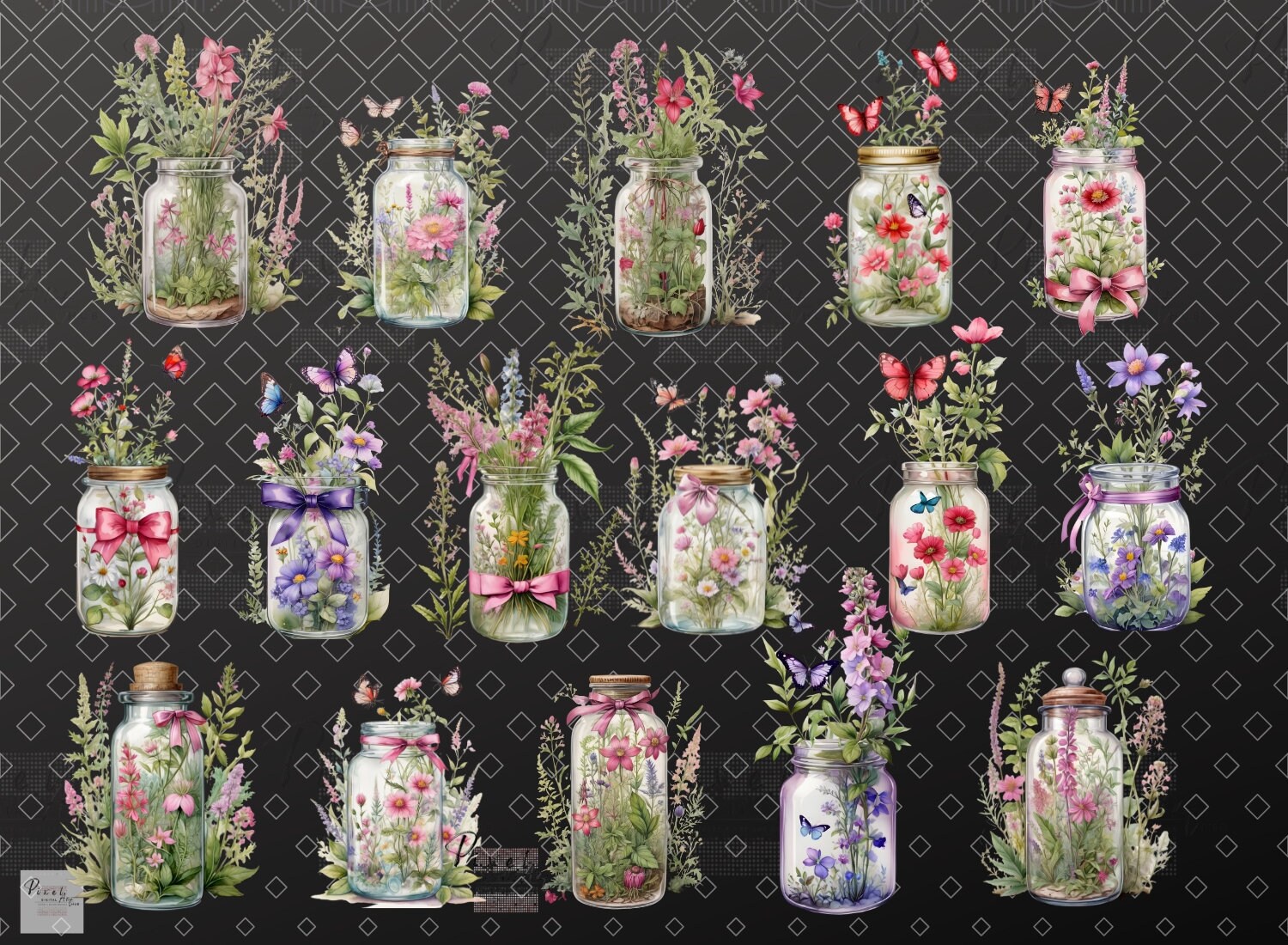 Botanical Floral Jar Roses in a Jar, Clip Art Bundle, File PNG, Digital ...