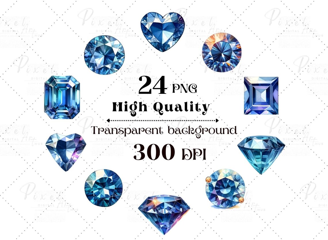 Blue Sapphire's Clipart, Sparkling Gems, Clipart, Set of 24 PNG Files ...