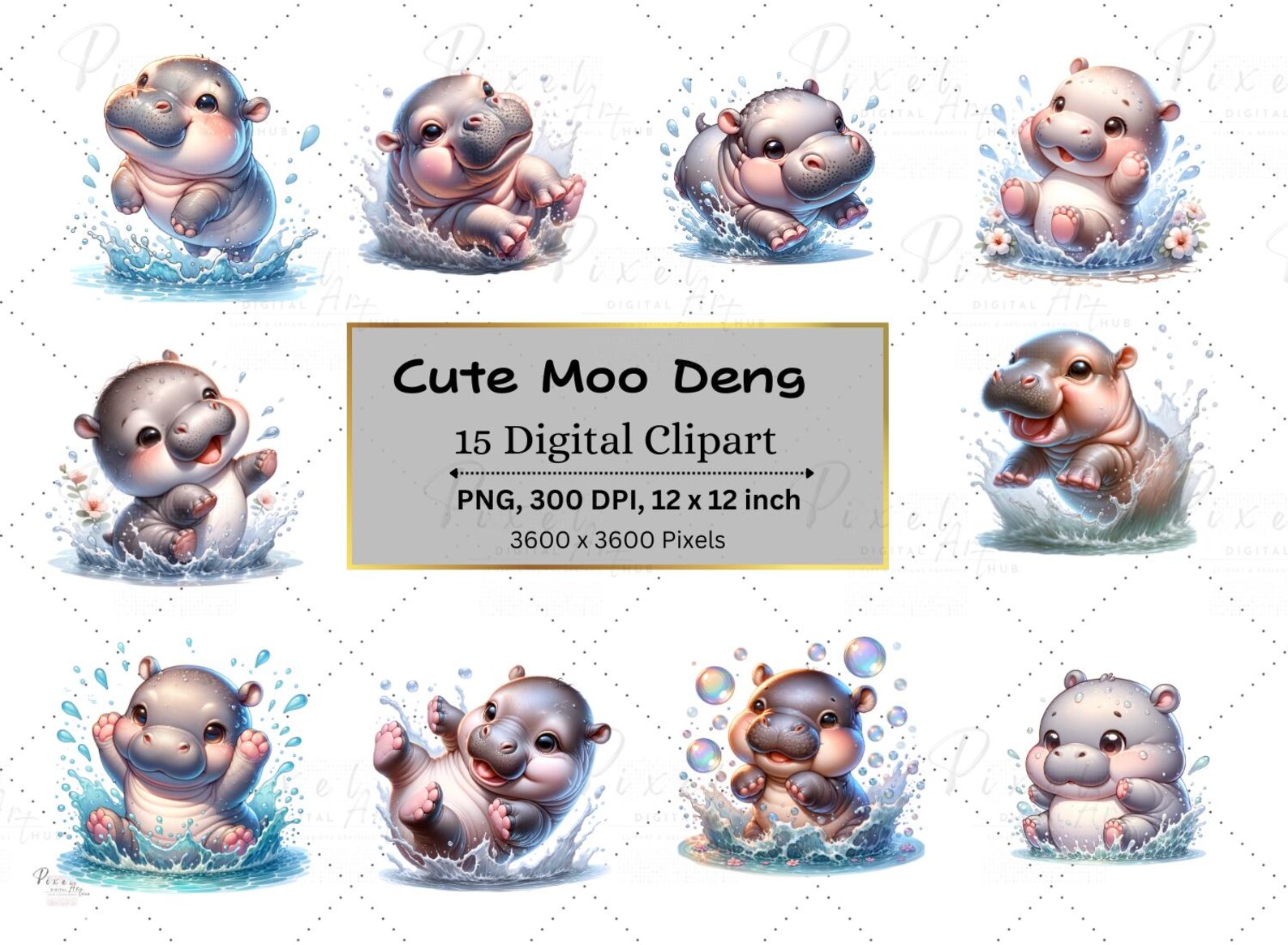 15 Cute Baby Hippo, Cute Moo Deng, Clipart - Watercolor, Pngs, Cartoon ...