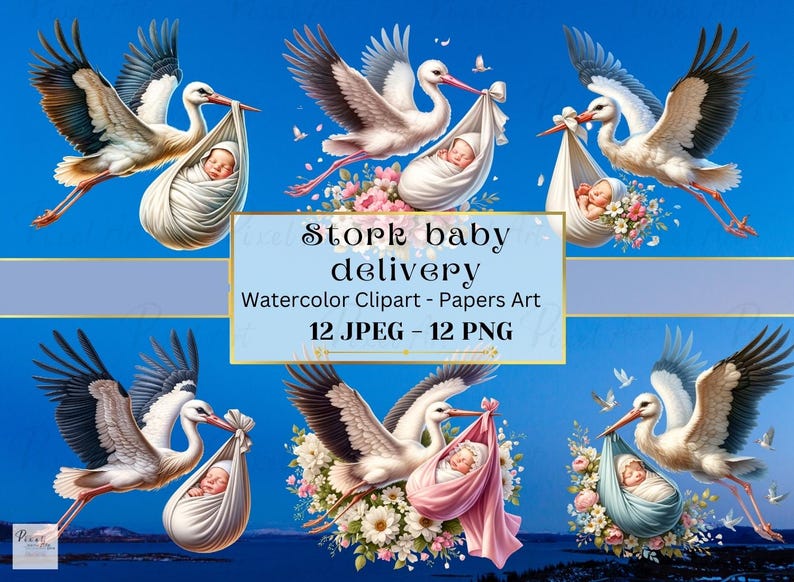 Watercolor Stork Baby Clipart: PNG JPEG Files (digital Download) - Etsy
