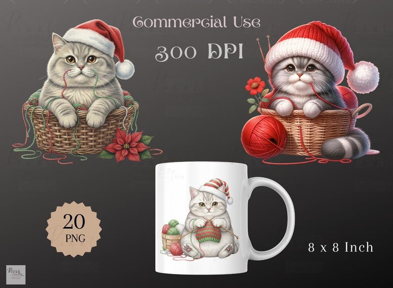 Watercolor Christmas Kitty Clipart: Knitting Cat PNG Files (digital ...