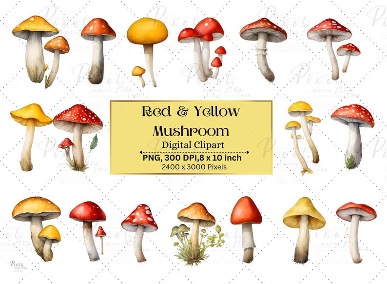 Vintage Mushroom Clipart: Red & Yellow Floral PNG Set (digital Download ...
