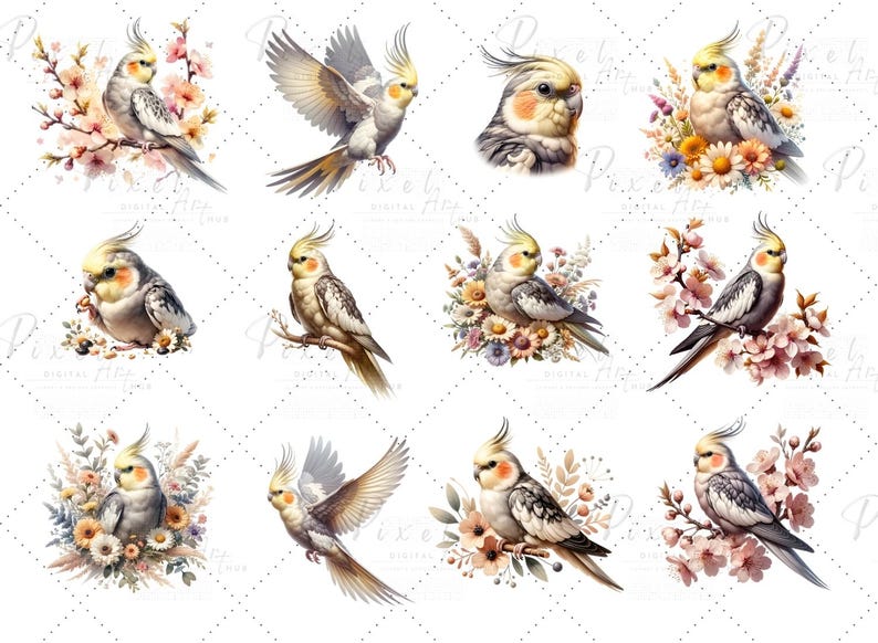 Watercolor Cockatiel Clipart: Floral Bird Art (digital Download) - Etsy