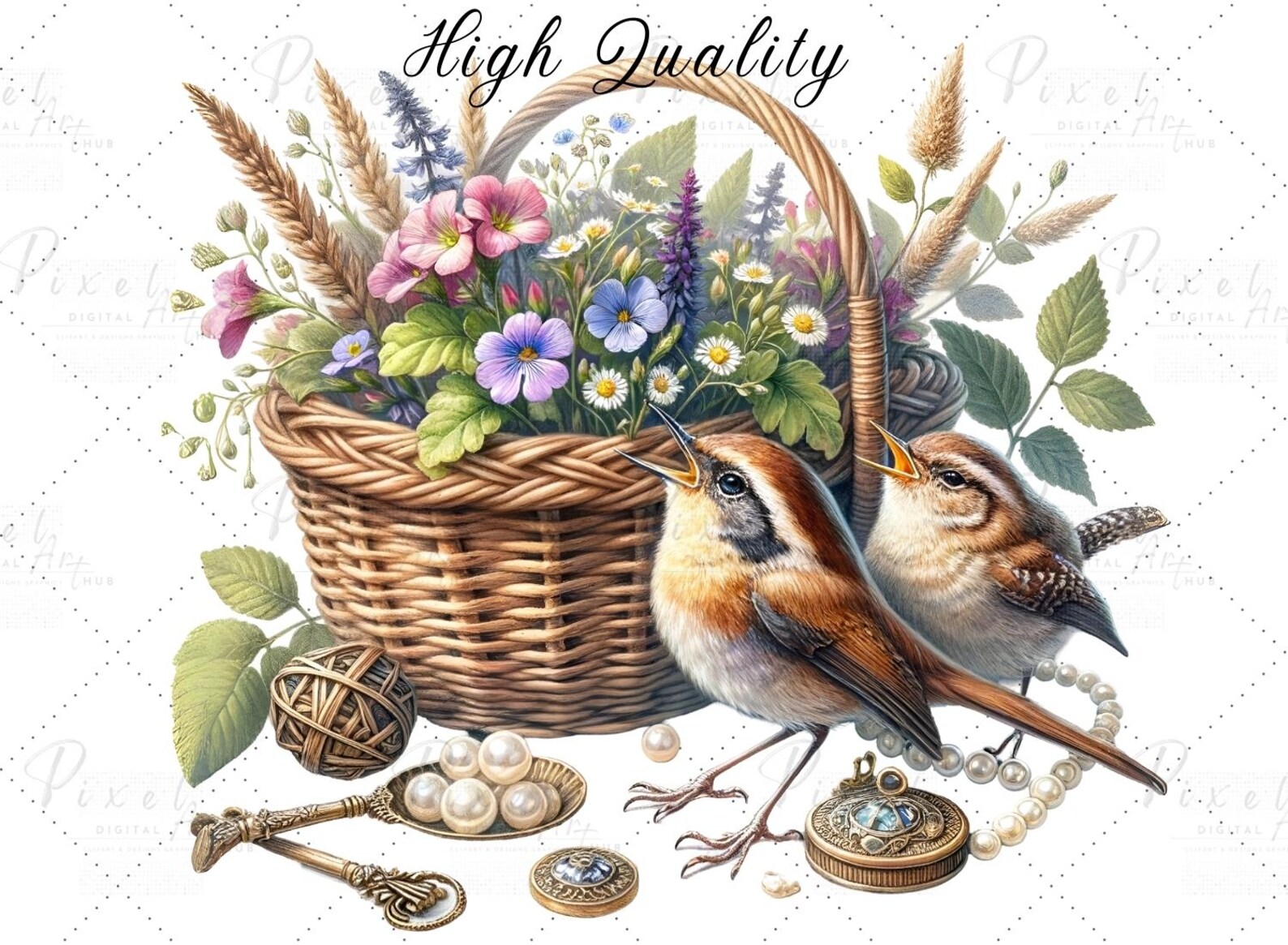 Watercolor Birds in Floral Baskets Clipart: Classic PNG JPEG Digital ...