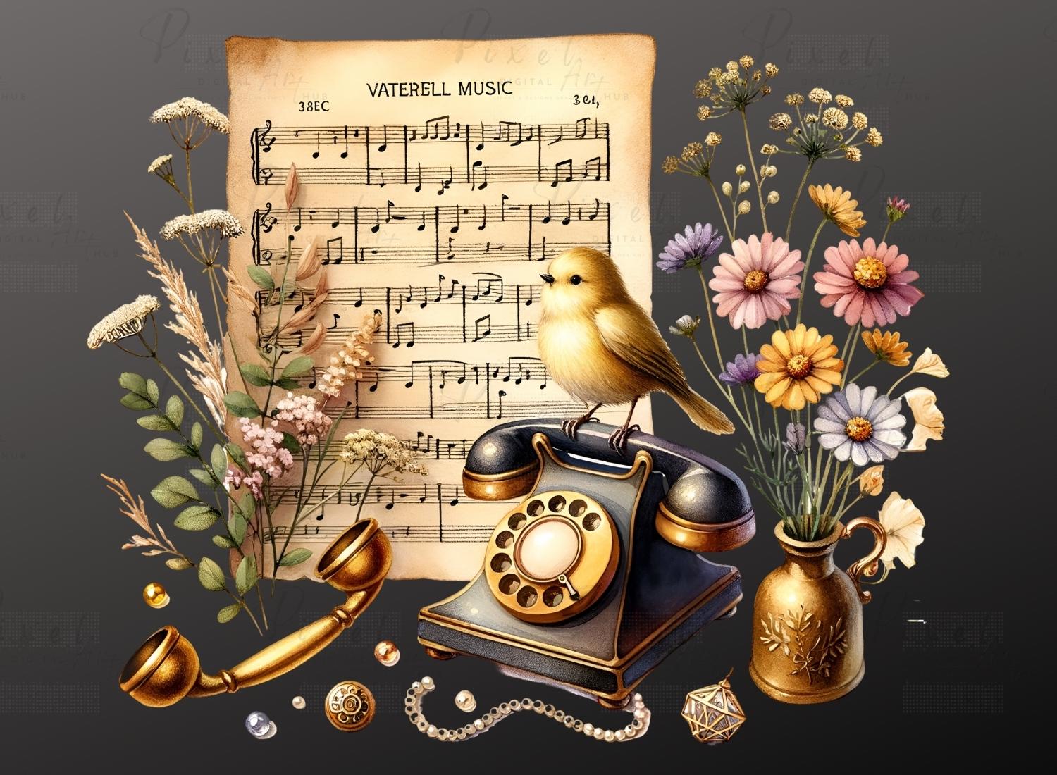 Watercolor Singing Birds Clipart: Vintage Sheet Music & Phone (digital ...