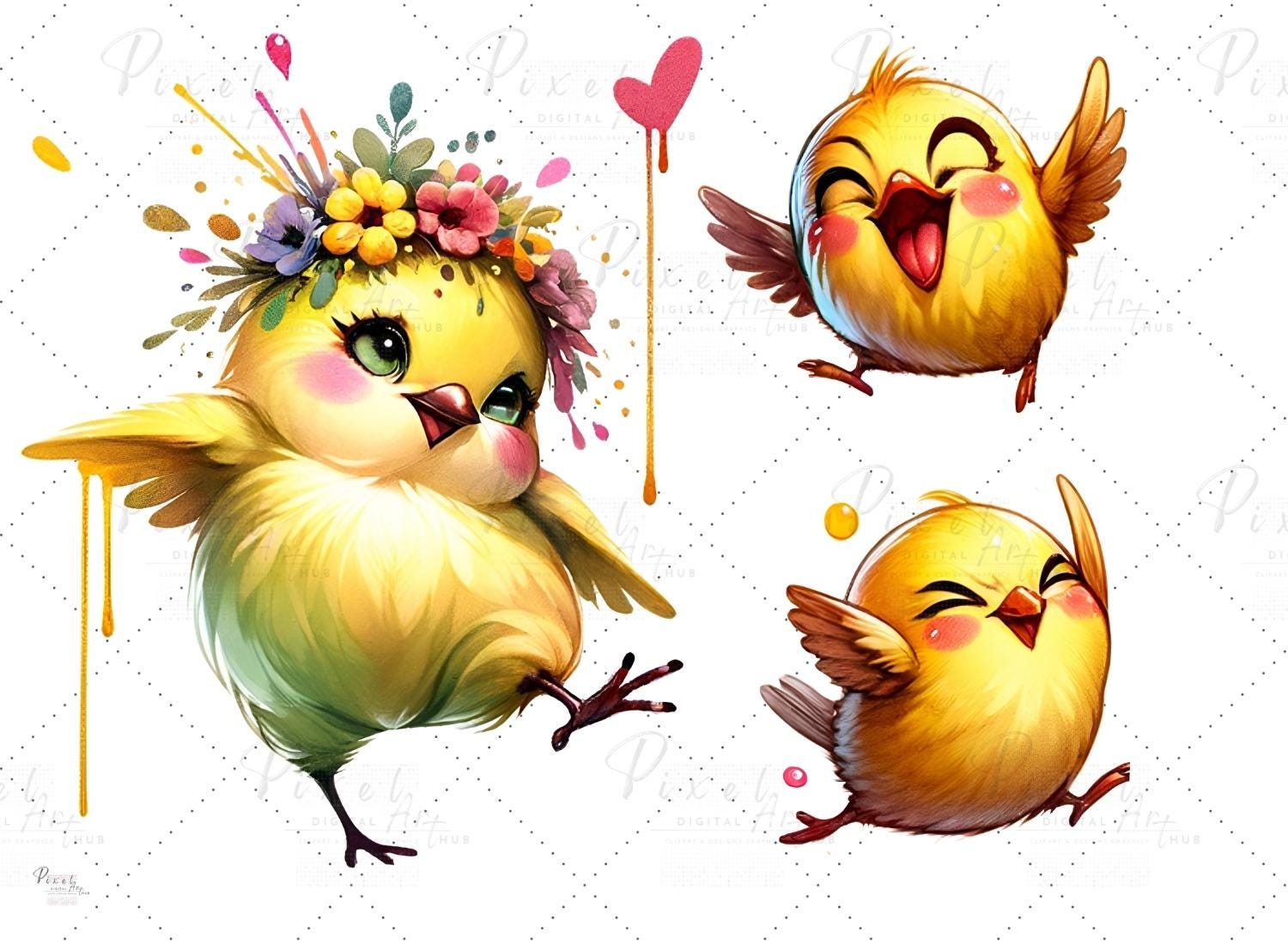 Watercolor Yellow Bird Clipart: Funny Cartoon Pngs (digital Download ...
