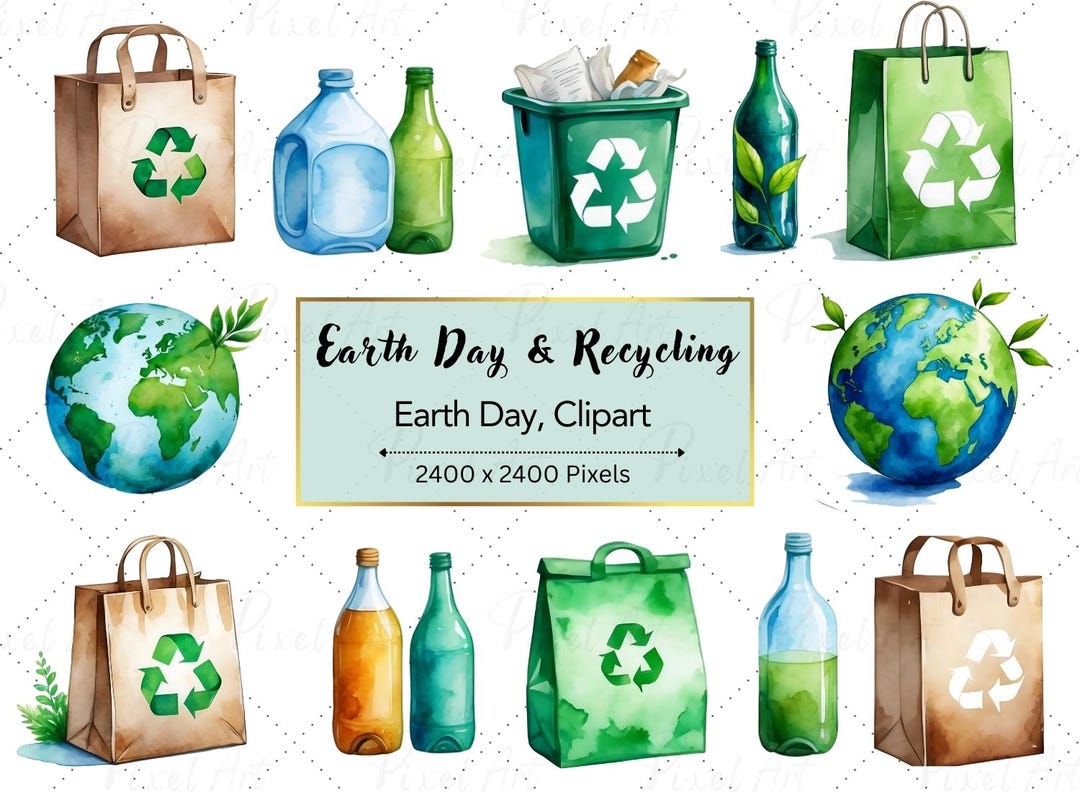 Watercolor Recycling Clipart: Earth Day Illustrations (66 PNG Files ...