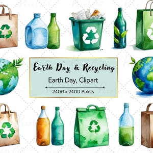 Watercolor Recycling Clipart: Earth Day Illustrations (66 PNG Files ...
