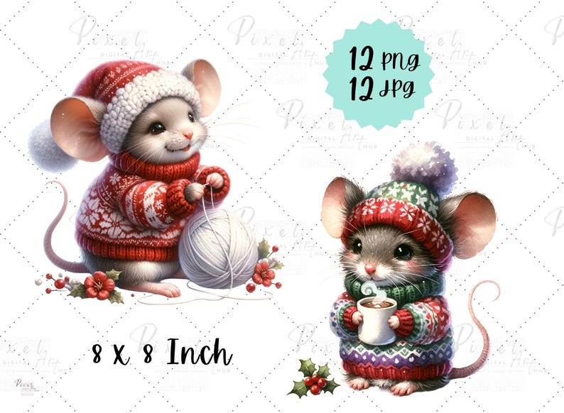 Watercolor Cute Mice Christmas, Clipart, Adorable Christmas Mice, File ...