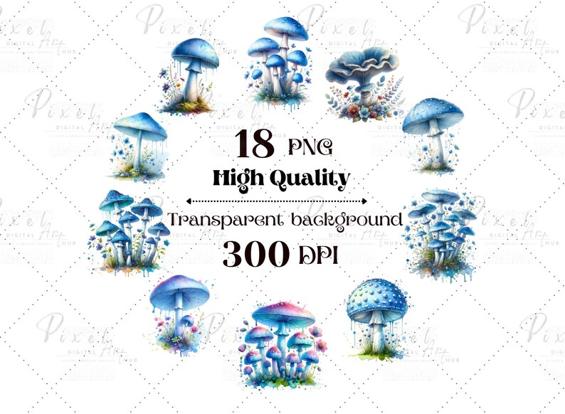 Watercolor Blue Mushroom Clipart: 18 PNG Forest Illustrations (digital ...