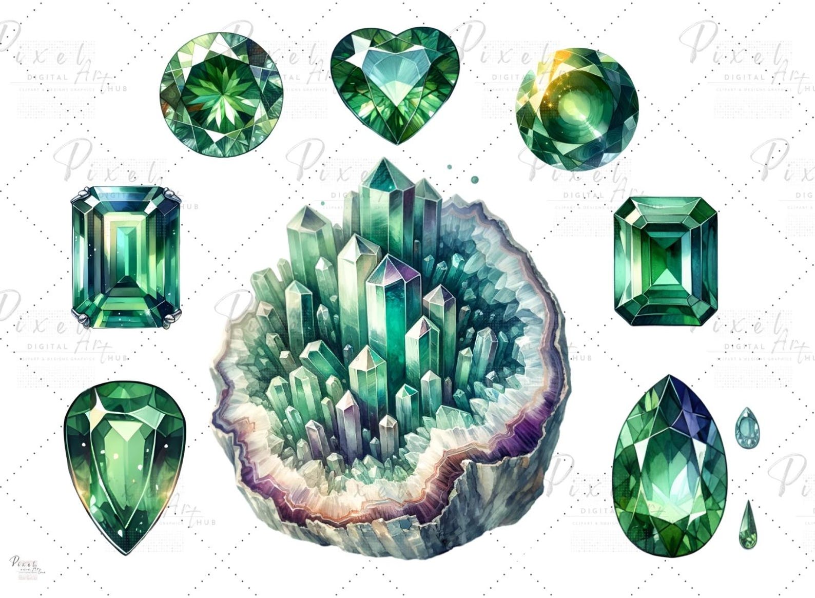 Emerald Gemstone Clipart, Sparkling Gems, Clipart, Set of 24 PNG Files ...