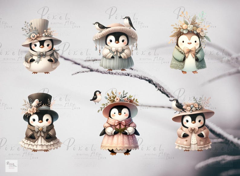 Watercolor Penguin Clipart: Victorian Fashion Pngs (digital Download ...